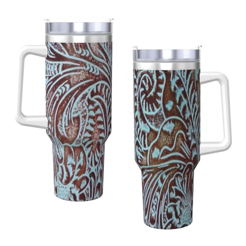 Xiexide 40oz Stainless Steel Hiking Rustic Western Country Turquoisen Cowboy Tooled Leather Double Walled Vacuum Insulatedith Handle And Straw,Hot & Cold Drinks