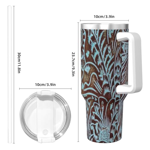 Xiexide 40oz Stainless Steel Hiking Rustic Western Country Turquoisen Cowboy Tooled Leather Double Walled Vacuum Insulatedith Handle And Straw,Hot & Cold Drinks