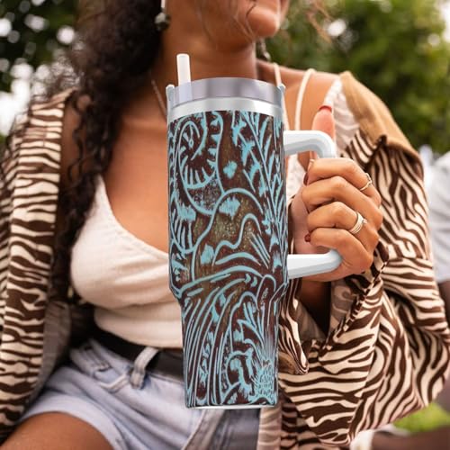 Xiexide 40oz Stainless Steel Hiking Rustic Western Country Turquoisen Cowboy Tooled Leather Double Walled Vacuum Insulatedith Handle And Straw,Hot & Cold Drinks