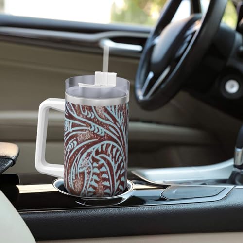 Xiexide 40oz Stainless Steel Hiking Rustic Western Country Turquoisen Cowboy Tooled Leather Double Walled Vacuum Insulatedith Handle And Straw,Hot & Cold Drinks