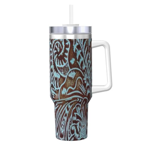 Xiexide 40oz Stainless Steel Hiking Rustic Western Country Turquoisen Cowboy Tooled Leather Double Walled Vacuum Insulatedith Handle And Straw,Hot & Cold Drinks