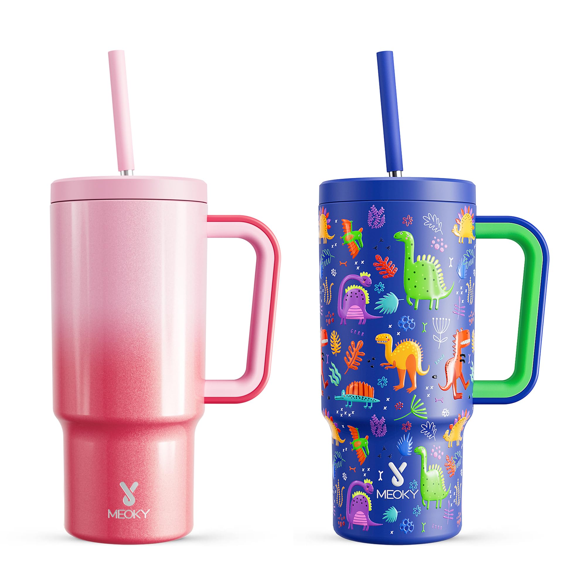 Meoky 24 oz Tumbler with Handle and Straw, 100% Leak-proof Tumbler with Lid and Straw, Insulated Stainless Steel Travel Coffee Mug, Keeps Cold for 24 Hours (Dinosaur & Flamingo)