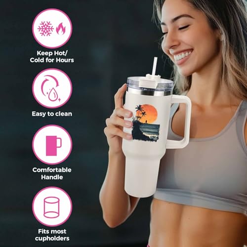LB LEOBON 40 ounce insulated cup with handle, double-layer vacuum stainless steel material, equipped with straw, can keep warm or maintain cold drinks Neone Poppe Sunset 2 Bright pink