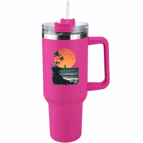 LB LEOBON 40 ounce insulated cup with handle, double-layer vacuum stainless steel material, equipped with straw, can keep warm or maintain cold drinks Neone Poppe Sunset 2 Bright pink