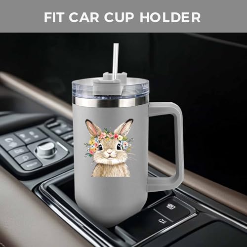 LB LEOBON 40 ounce insulated cup with handle, double-layer vacuum stainless steel material, equipped with straw, can keep warm or maintain cold drinks Easter Rabbit F grey