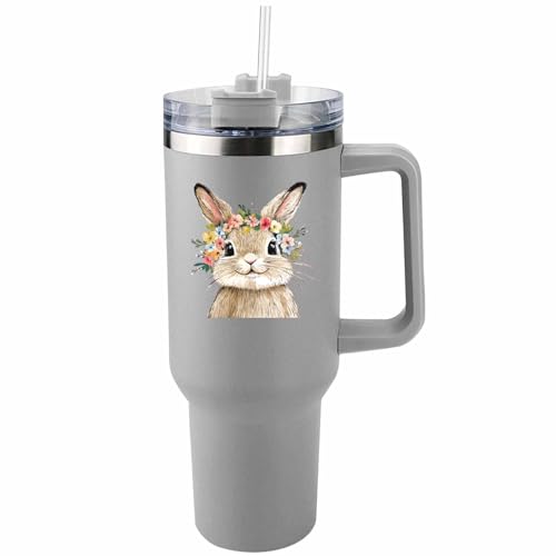 LB LEOBON 40 ounce insulated cup with handle, double-layer vacuum stainless steel material, equipped with straw, can keep warm or maintain cold drinks Easter Rabbit F grey
