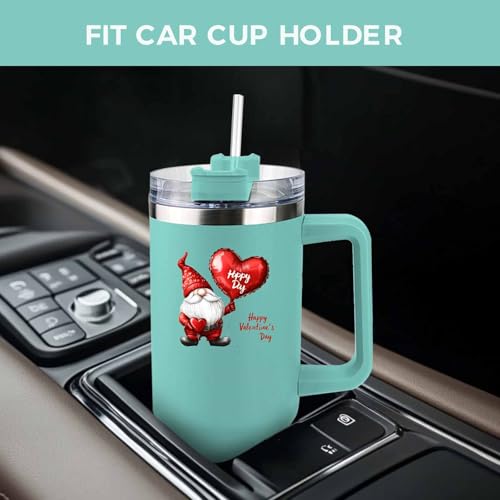 LB LEOBON 40 ounce insulated cup with handle, double-layer vacuum stainless steel material, equipped with straw, can keep warm or maintain cold drinks Valentine's Day Gnome B Lake Green