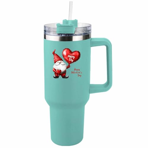 LB LEOBON 40 ounce insulated cup with handle, double-layer vacuum stainless steel material, equipped with straw, can keep warm or maintain cold drinks Valentine's Day Gnome B Lake Green
