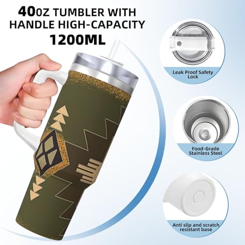 Xiexide 40oz Fits Cup Holder Travel Southwestern Native American Aztec Navajo Indian Tribal Heritage Double Walled Vacuum Insulatedith Handle And Straw,Hot & Cold Drinks