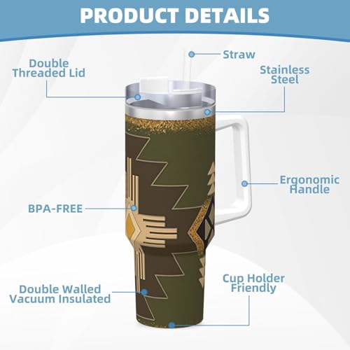 Xiexide 40oz Fits Cup Holder Travel Southwestern Native American Aztec Navajo Indian Tribal Heritage Double Walled Vacuum Insulatedith Handle And Straw,Hot & Cold Drinks