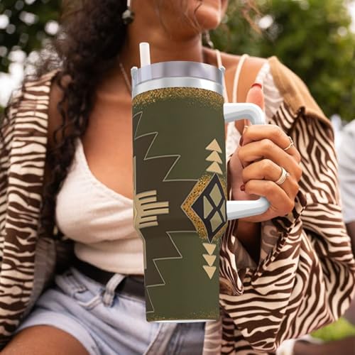 Xiexide 40oz Fits Cup Holder Travel Southwestern Native American Aztec Navajo Indian Tribal Heritage Double Walled Vacuum Insulatedith Handle And Straw,Hot & Cold Drinks