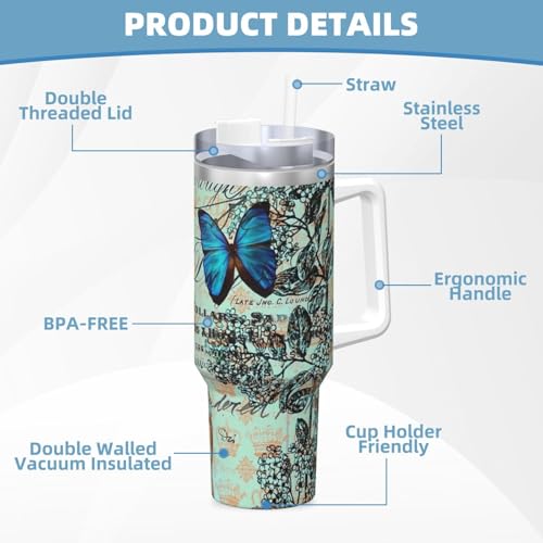 Xiexide 40oz Sweatproof Gifts Vintage French Dark Academia Cottage Butterfly Bird Double Walled Vacuum Insulatedith Handle And Straw,Hot & Cold Drinks