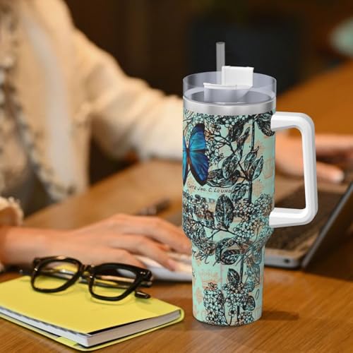 Xiexide 40oz Sweatproof Gifts Vintage French Dark Academia Cottage Butterfly Bird Double Walled Vacuum Insulatedith Handle And Straw,Hot & Cold Drinks