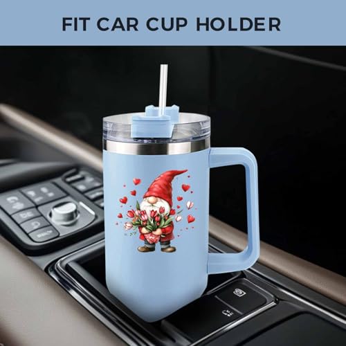 LB LEOBON 40 ounce insulated cup with handle, double-layer vacuum stainless steel material, equipped with straw, can keep warm or maintain cold drinks Gnome Love Bouquet P wathet