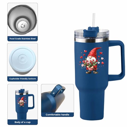 LB LEOBON 40 ounce insulated cup with handle, double-layer vacuum stainless steel material, equipped with straw, can keep warm or maintain cold drinks Gnome Love Bouquet P wathet