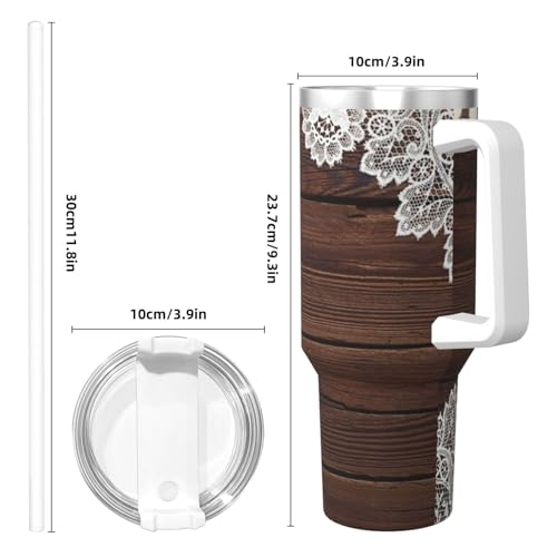Xiexide 40oz Fits Cup Holder Travel Rustic Western Country Brown Lace Floral Wood Double Walled Vacuum Insulatedith Handle And Straw,Hot & Cold Drinks