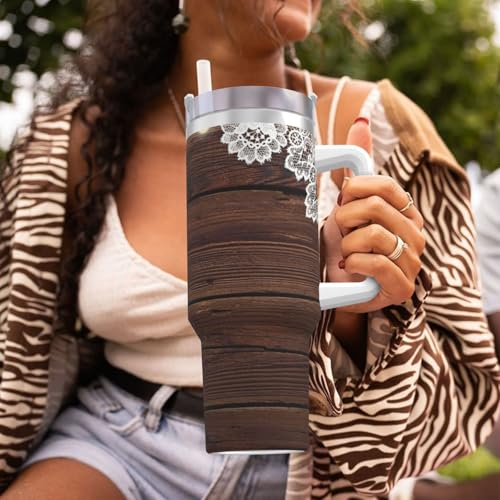 Xiexide 40oz Fits Cup Holder Travel Rustic Western Country Brown Lace Floral Wood Double Walled Vacuum Insulatedith Handle And Straw,Hot & Cold Drinks