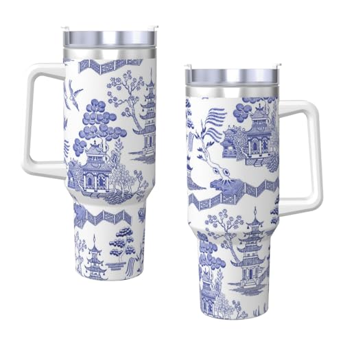 Xiexide 40oz Rustproof Hiking Tower Spring Chinese Folk Chinoiserie Style Double Walled Vacuum Insulatedith Handle And Straw,Hot & Cold Drinks