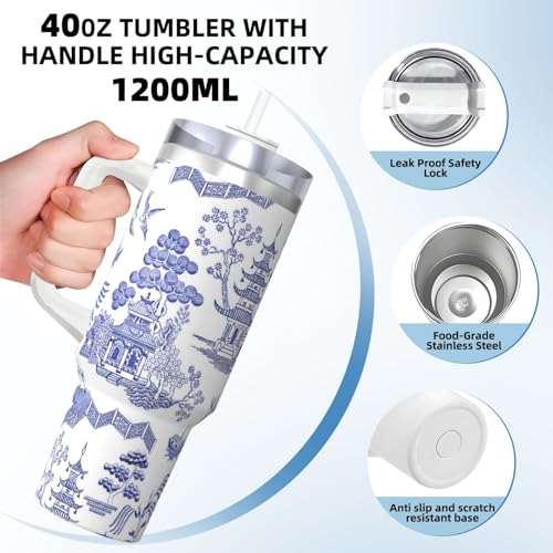 Xiexide 40oz Rustproof Hiking Tower Spring Chinese Folk Chinoiserie Style Double Walled Vacuum Insulatedith Handle And Straw,Hot & Cold Drinks