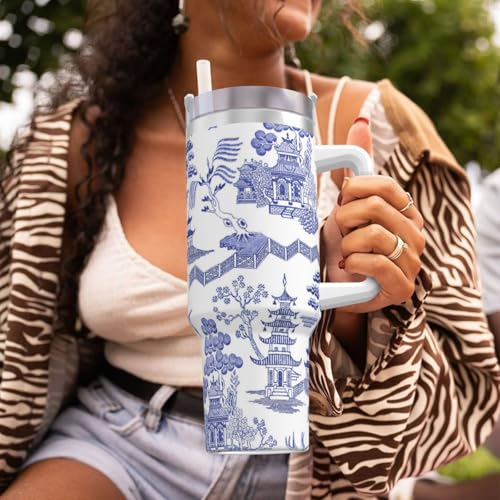 Xiexide 40oz Rustproof Hiking Tower Spring Chinese Folk Chinoiserie Style Double Walled Vacuum Insulatedith Handle And Straw,Hot & Cold Drinks