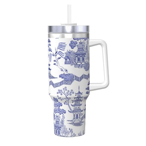 Xiexide 40oz Rustproof Hiking Tower Spring Chinese Folk Chinoiserie Style Double Walled Vacuum Insulatedith Handle And Straw,Hot & Cold Drinks