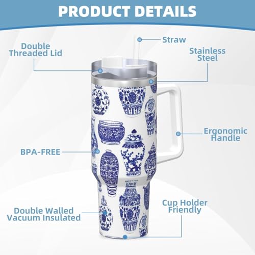 Xiexide 40oz Fits Cup Holder Sports Blue And White Porcelain Chinese Style Chinoiserie Antique Double Walled Vacuum Insulatedith Handle And Straw,Hot & Cold Drinks