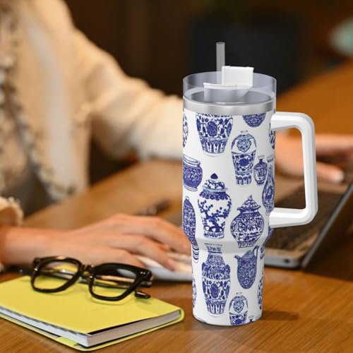 Xiexide 40oz Fits Cup Holder Sports Blue And White Porcelain Chinese Style Chinoiserie Antique Double Walled Vacuum Insulatedith Handle And Straw,Hot & Cold Drinks