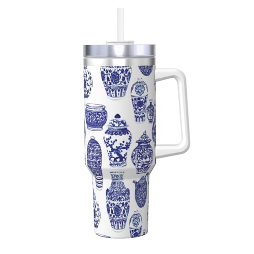 Xiexide 40oz Fits Cup Holder Sports Blue And White Porcelain Chinese Style Chinoiserie Antique Double Walled Vacuum Insulatedith Handle And Straw,Hot & Cold Drinks