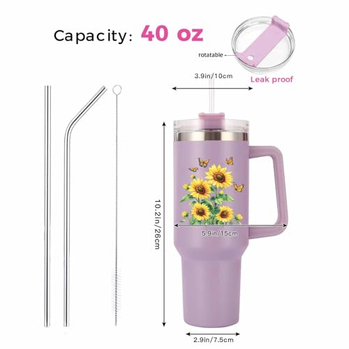 LB LEOBON 40 ounce insulated cup with handle, double-layer vacuum stainless steel material, equipped with straw, can keep warm or maintain cold drinks Spring Sunflower Butterfly Fragrant taro purple