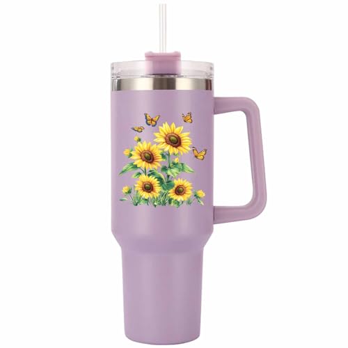 LB LEOBON 40 ounce insulated cup with handle, double-layer vacuum stainless steel material, equipped with straw, can keep warm or maintain cold drinks Spring Sunflower Butterfly Fragrant taro purple