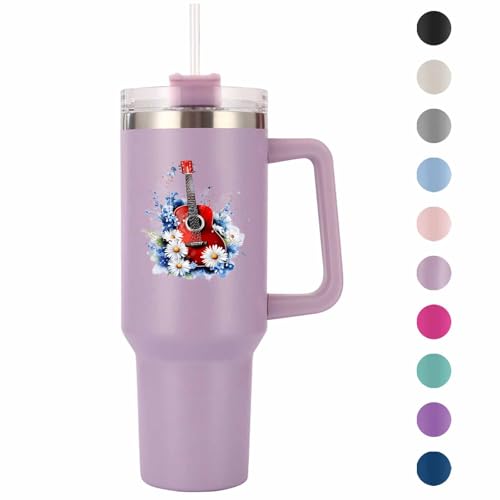 LB LEOBON 40 ounce insulated cup with handle, double-layer vacuum stainless steel material, equipped with straw, can keep warm or maintain cold drinks Daisy Guitar Fragrant taro purple