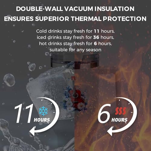 LB LEOBON 40 ounce insulated cup with handle, double-layer vacuum stainless steel material, equipped with straw, can keep warm or maintain cold drinks Daisy Guitar Fragrant taro purple
