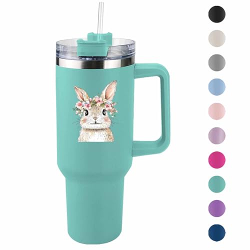 LB LEOBON 40 ounce insulated cup with handle, double-layer vacuum stainless steel material, equipped with straw, can keep warm or maintain cold drinks Easter Rabbit D Lake Green