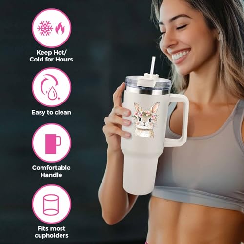 LB LEOBON 40 ounce insulated cup with handle, double-layer vacuum stainless steel material, equipped with straw, can keep warm or maintain cold drinks Easter Rabbit D Lake Green