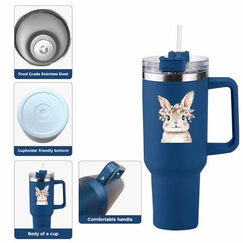 LB LEOBON 40 ounce insulated cup with handle, double-layer vacuum stainless steel material, equipped with straw, can keep warm or maintain cold drinks Easter Rabbit D Lake Green