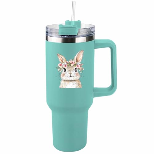 LB LEOBON 40 ounce insulated cup with handle, double-layer vacuum stainless steel material, equipped with straw, can keep warm or maintain cold drinks Easter Rabbit D Lake Green