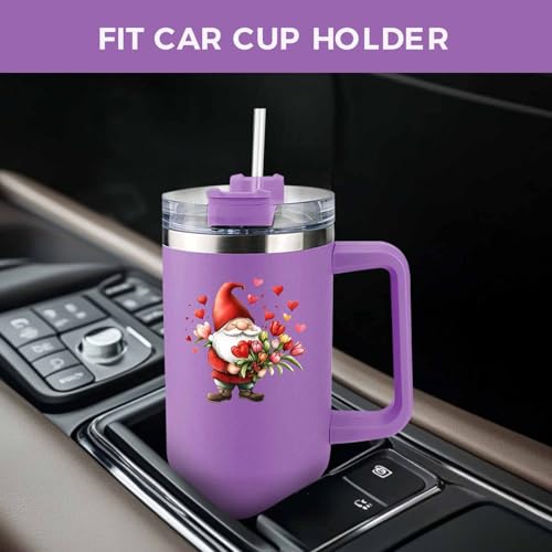 LB LEOBON 40 ounce insulated cup with handle, double-layer vacuum stainless steel material, equipped with straw, can keep warm or maintain cold drinks Red Love Gnome E Deep purple