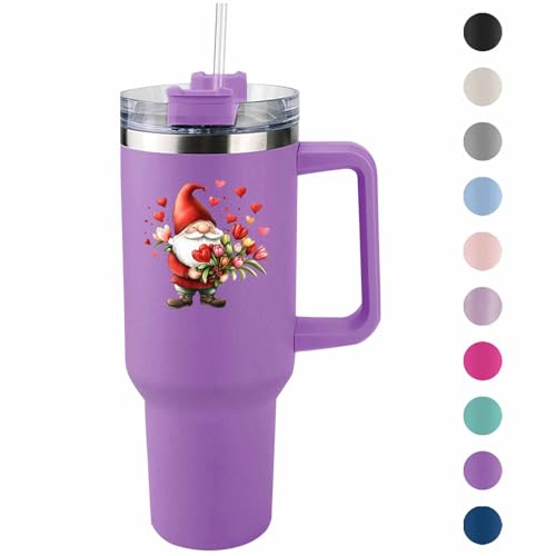 LB LEOBON 40 ounce insulated cup with handle, double-layer vacuum stainless steel material, equipped with straw, can keep warm or maintain cold drinks Red Love Gnome E Deep purple