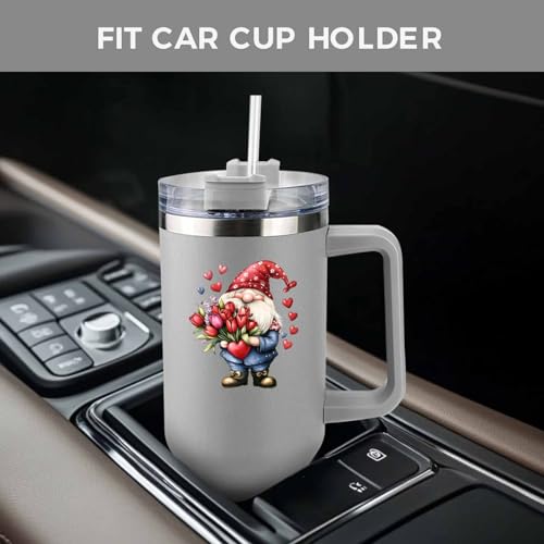 LB LEOBON 40 ounce insulated cup with handle, double-layer vacuum stainless steel material, equipped with straw, can keep warm or maintain cold drinks Gnome Love Bouquet J grey