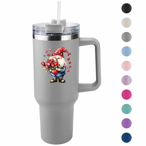 LB LEOBON 40 ounce insulated cup with handle, double-layer vacuum stainless steel material, equipped with straw, can keep warm or maintain cold drinks Gnome Love Bouquet J grey