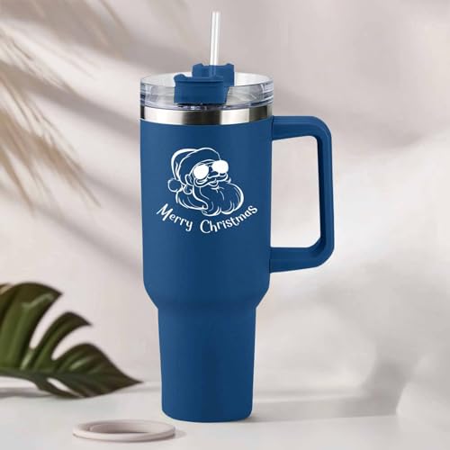 LB LEOBON 40 ounce insulated cup with handle, double-layer vacuum stainless steel material, equipped with straw, can keep warm or maintain cold drinks Santa Claus Merry Christmas Cowboy Blue