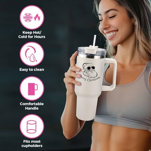 LB LEOBON 40 ounce insulated cup with handle, double-layer vacuum stainless steel material, equipped with straw, can keep warm or maintain cold drinks Santa Claus Merry Christmas Cowboy Blue