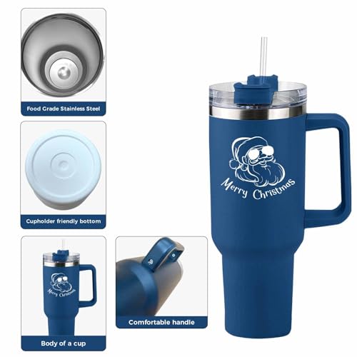 LB LEOBON 40 ounce insulated cup with handle, double-layer vacuum stainless steel material, equipped with straw, can keep warm or maintain cold drinks Santa Claus Merry Christmas Cowboy Blue