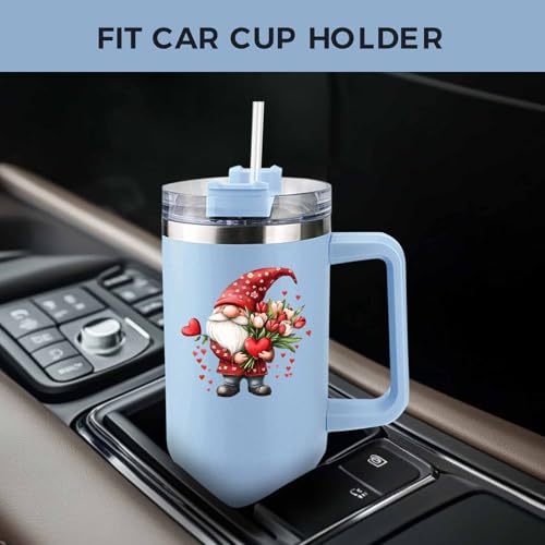 LB LEOBON 40 ounce insulated cup with handle, double-layer vacuum stainless steel material, equipped with straw, can keep warm or maintain cold drinks Gnome Love Bouquet Q wathet