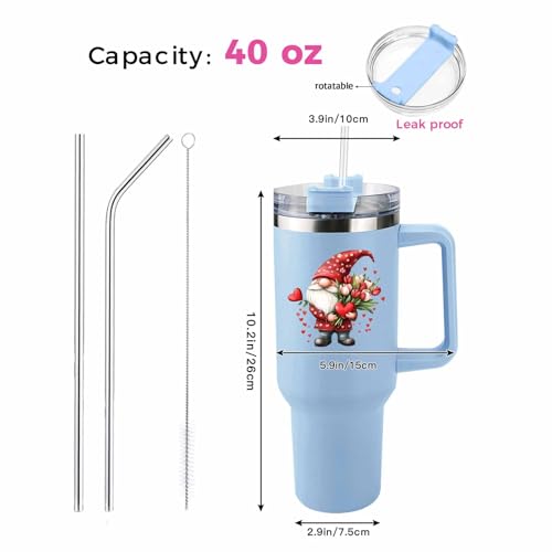 LB LEOBON 40 ounce insulated cup with handle, double-layer vacuum stainless steel material, equipped with straw, can keep warm or maintain cold drinks Gnome Love Bouquet Q wathet