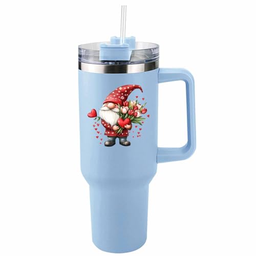 LB LEOBON 40 ounce insulated cup with handle, double-layer vacuum stainless steel material, equipped with straw, can keep warm or maintain cold drinks Gnome Love Bouquet Q wathet