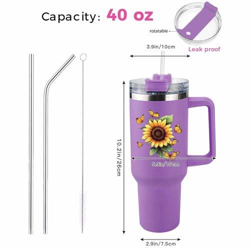 LB LEOBON 40 ounce insulated cup with handle, double-layer vacuum stainless steel material, equipped with straw, can keep warm or maintain cold drinks Spring Flowers Deep purple