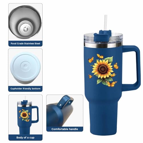 LB LEOBON 40 ounce insulated cup with handle, double-layer vacuum stainless steel material, equipped with straw, can keep warm or maintain cold drinks Spring Flowers Deep purple