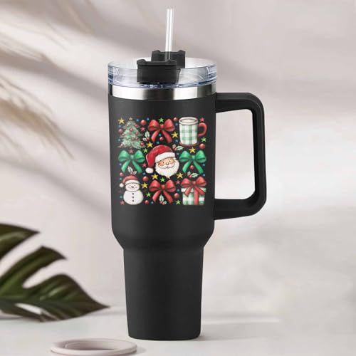 LB LEOBON 40 ounce insulated cup with handle, double-layer vacuum stainless steel material, equipped with straw, can keep warm or maintain cold drinks Santa Claus Gift black
