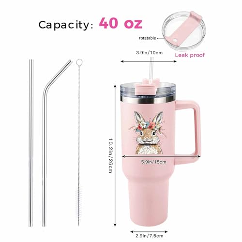 LB LEOBON 40 ounce insulated cup with handle, double-layer vacuum stainless steel material, equipped with straw, can keep warm or maintain cold drinks Easter Rabbit H Light pink
